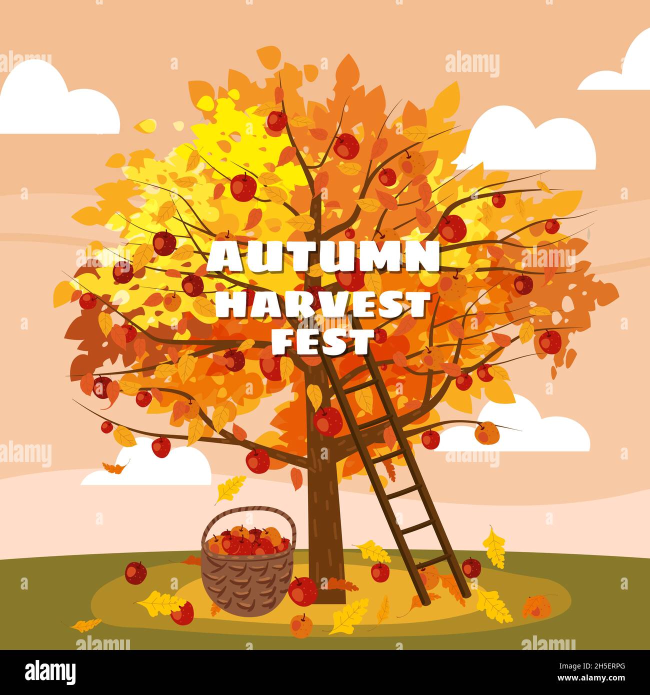 Autumn Harvest Fest. Apple tree with basket of apples, ladder, rural ...