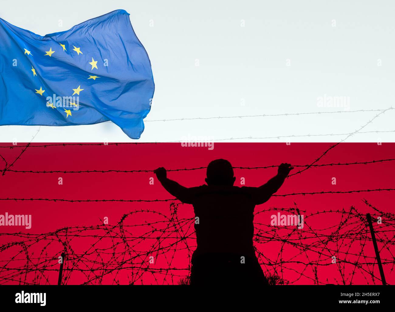 Man looking through barbed wire fence with flags of Poland and EU ...