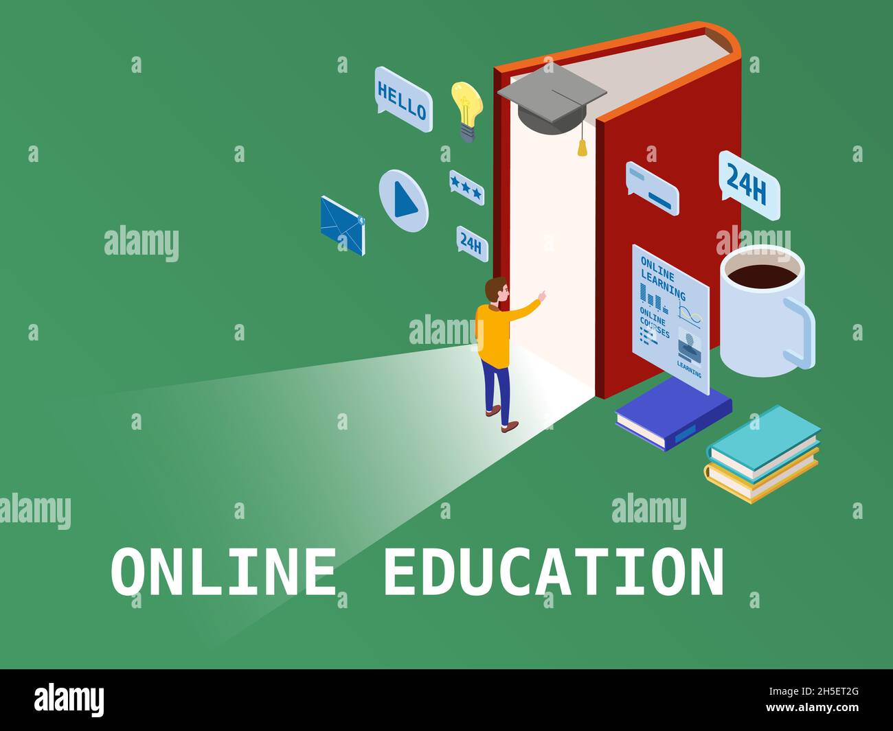Online Education Student man, open book. Concept online study, courses ...
