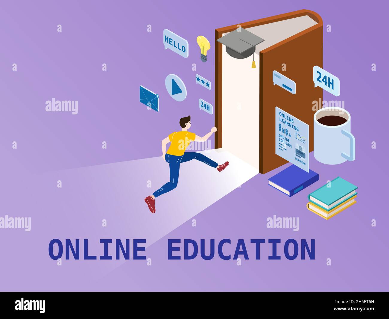 Online Education Student man run to the knowledge open book. Concept ...