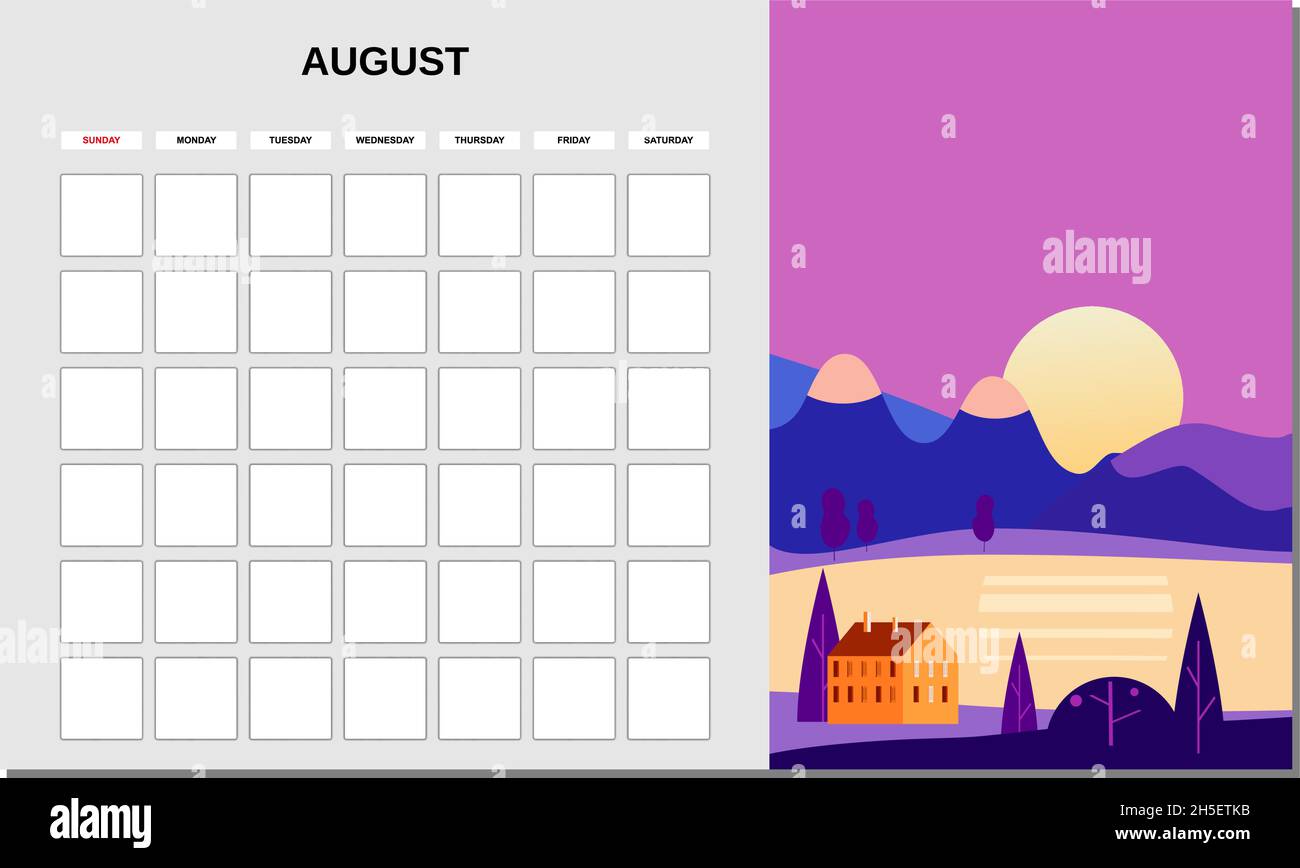 Calendar Planner August month. Minimalistic landscape natural ...