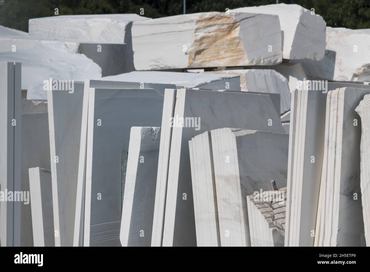 industrial cut white marble slabs and blocks from quarry on stockyard ...
