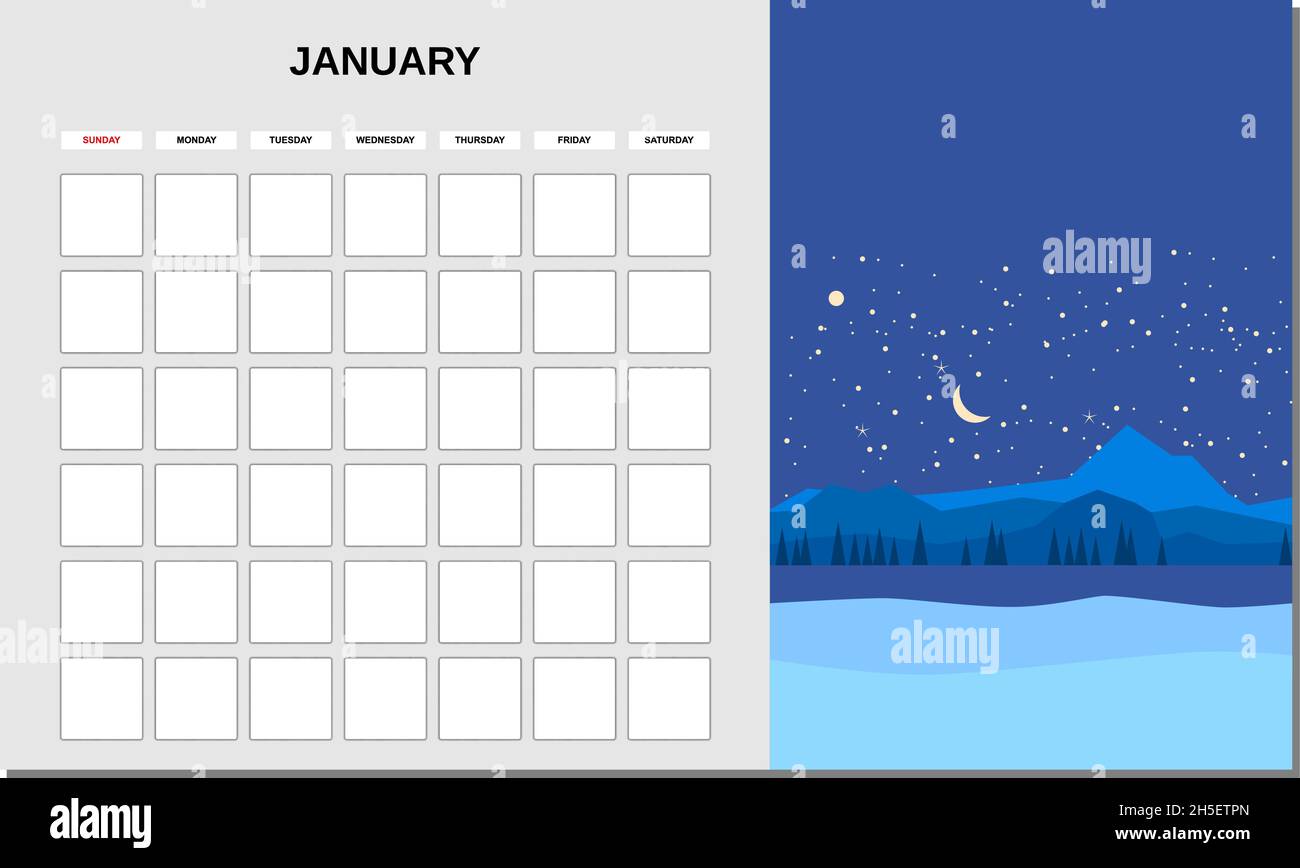 Calendar Planner January month. Minimalistic landscape natural ...