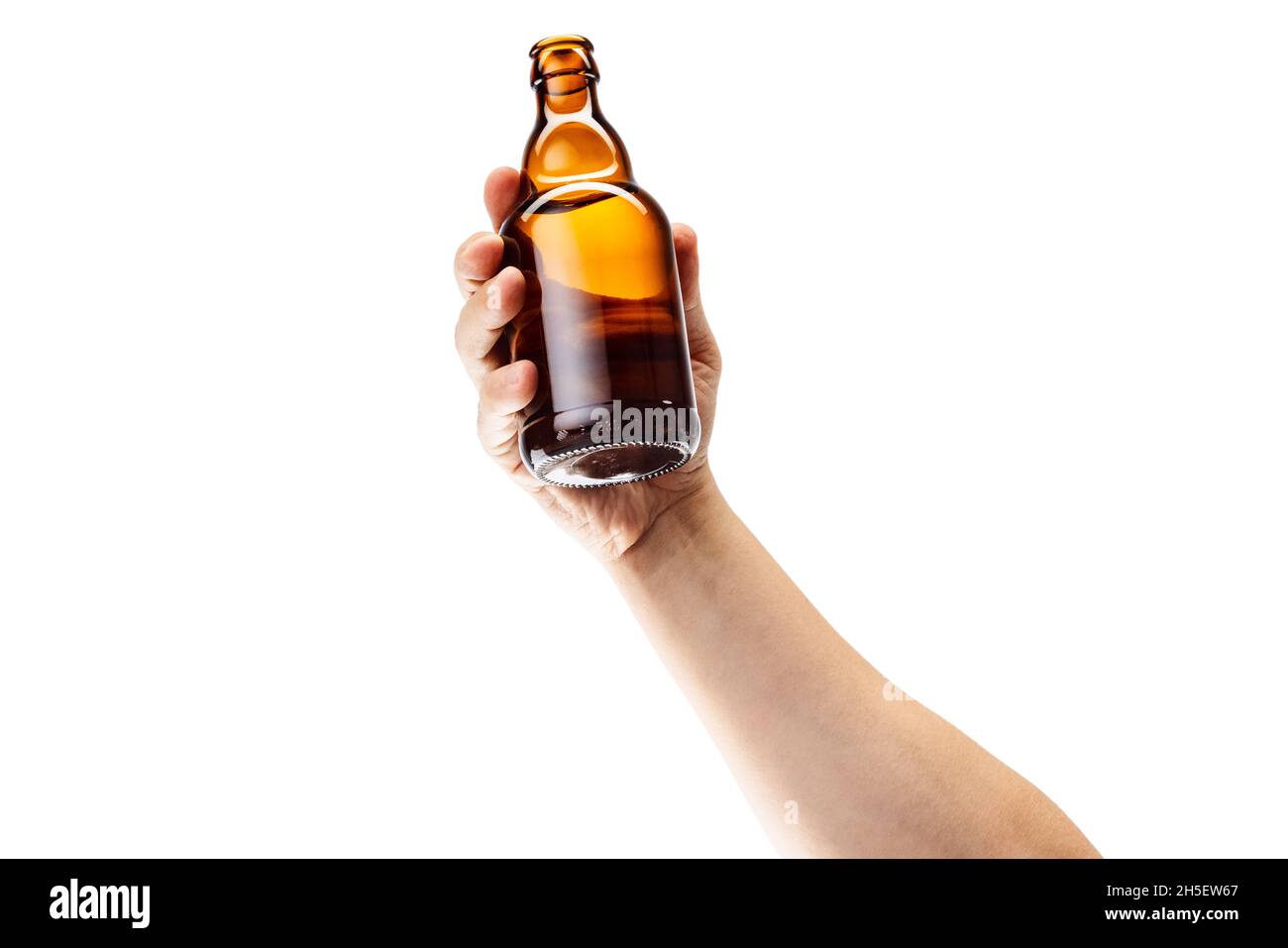 Cropped image of male hand holding bottle of strong alcohol drink, beer ...