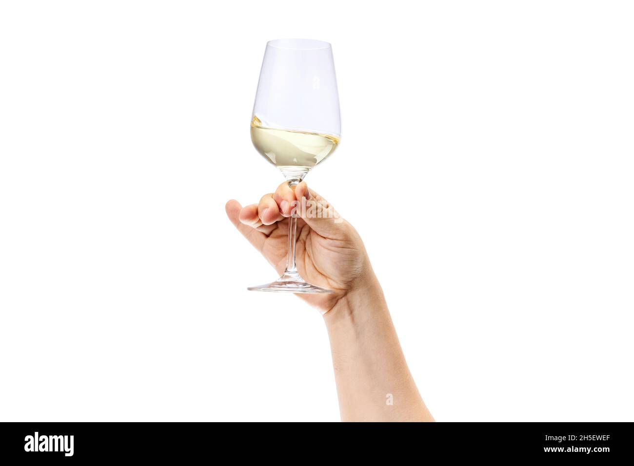 Cropped image of male hand holding glass with white wine isolated over ...