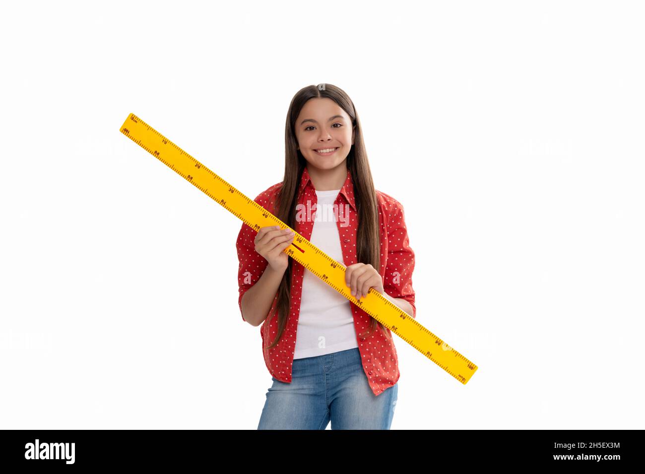 happy child hold ruler study mathematics at school isolated on white ...