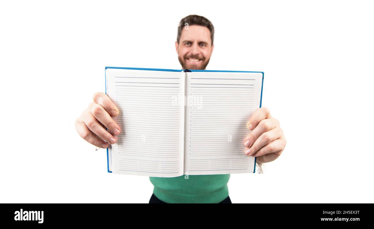 guy showing copy space of planner isolated on white background ...