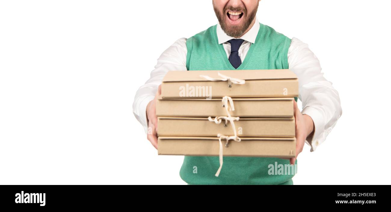 cropped angry business guy hold folders with documents isolated on ...