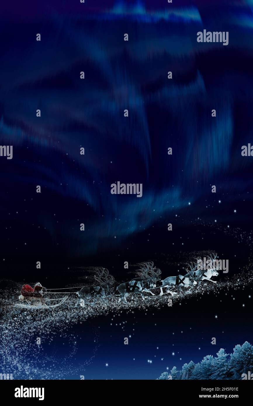 Santa Claus get a move to ride on their reindeer under Polar lights ...