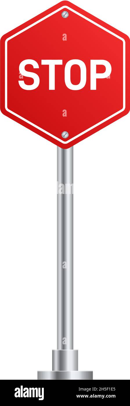 Stop road sign. Red hexagonal board on metal pole Stock Vector Image ...
