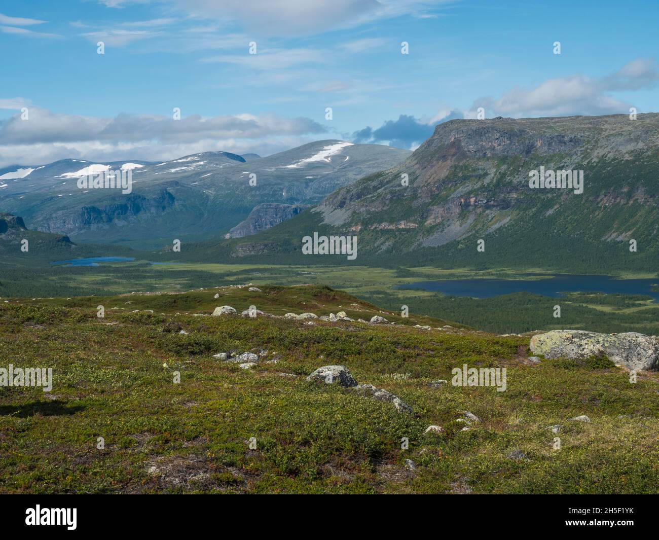 View on meandering Rapadalen river delta to Lajtavrre lake, valley in ...