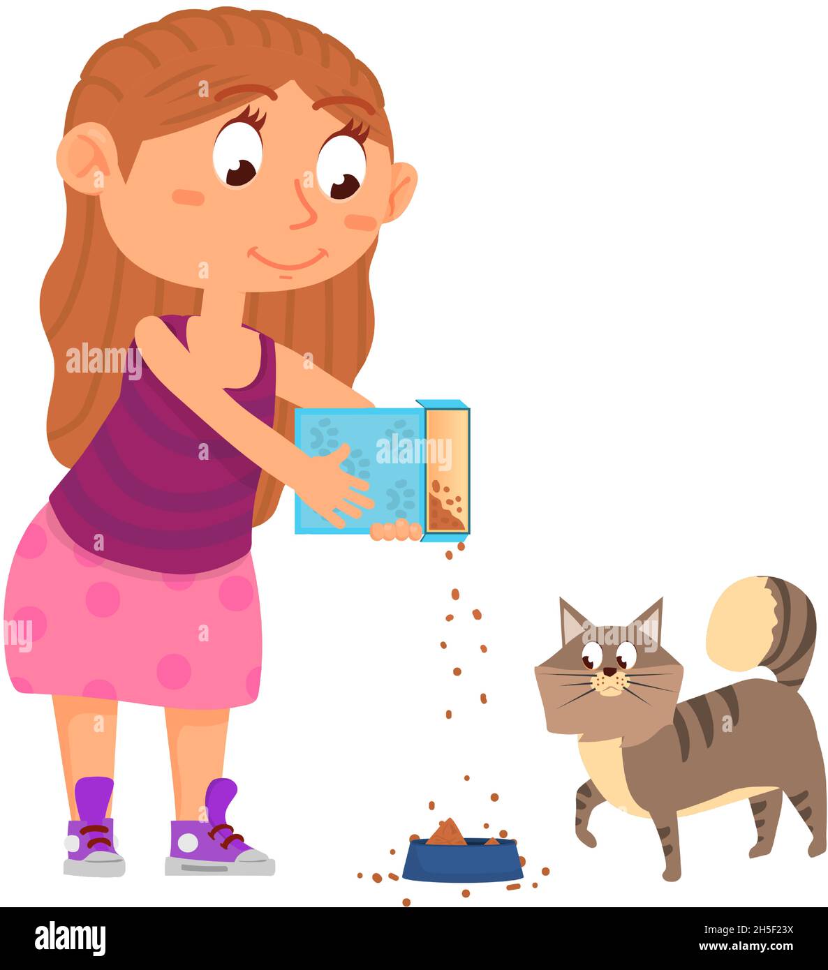 Girl feeding cat. Kid pouring food in pet bowl Stock Vector Image & Art ...