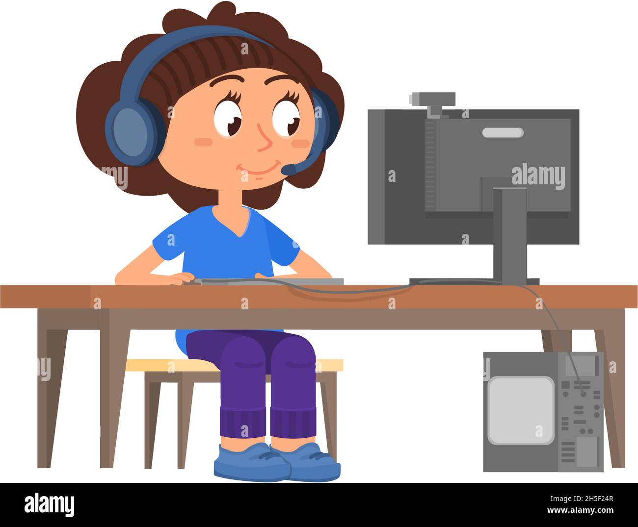 Girl in headset sitting at desk. Cartoon character working on computer ...