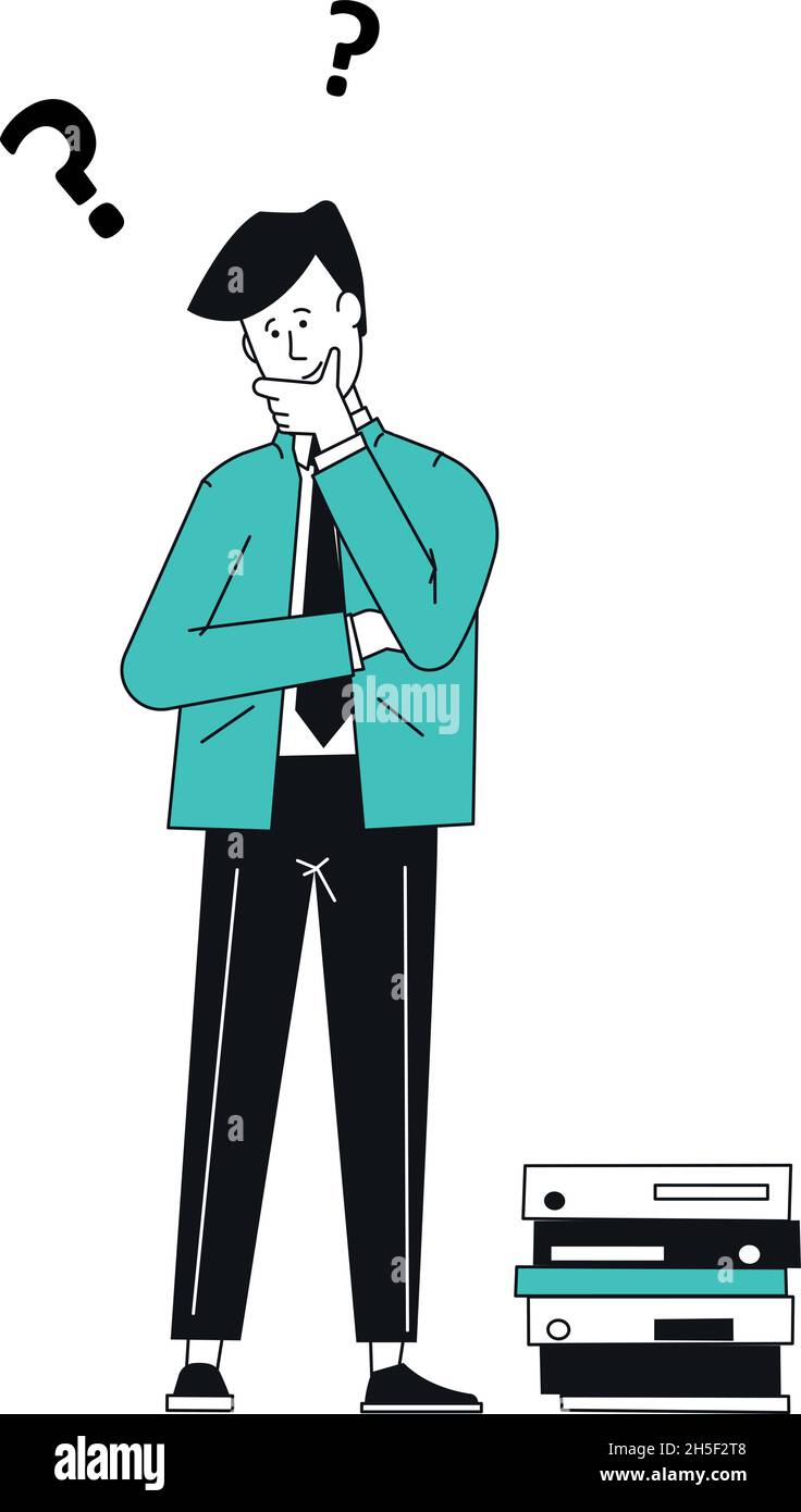 Man with question looking at paperwork. Person worryied about pile of ...