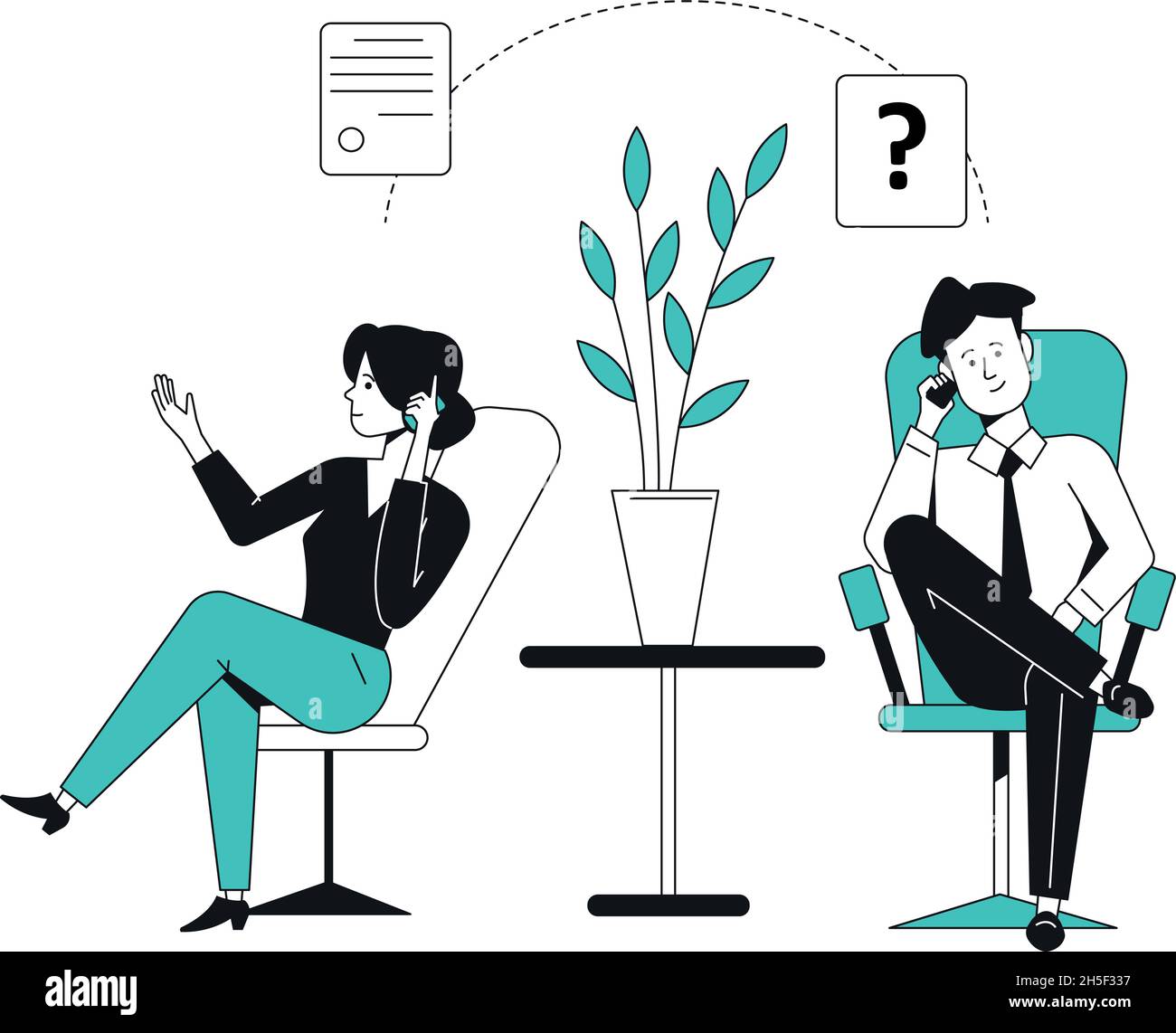 People talking on phone. Business call. Man asking question and woman ...