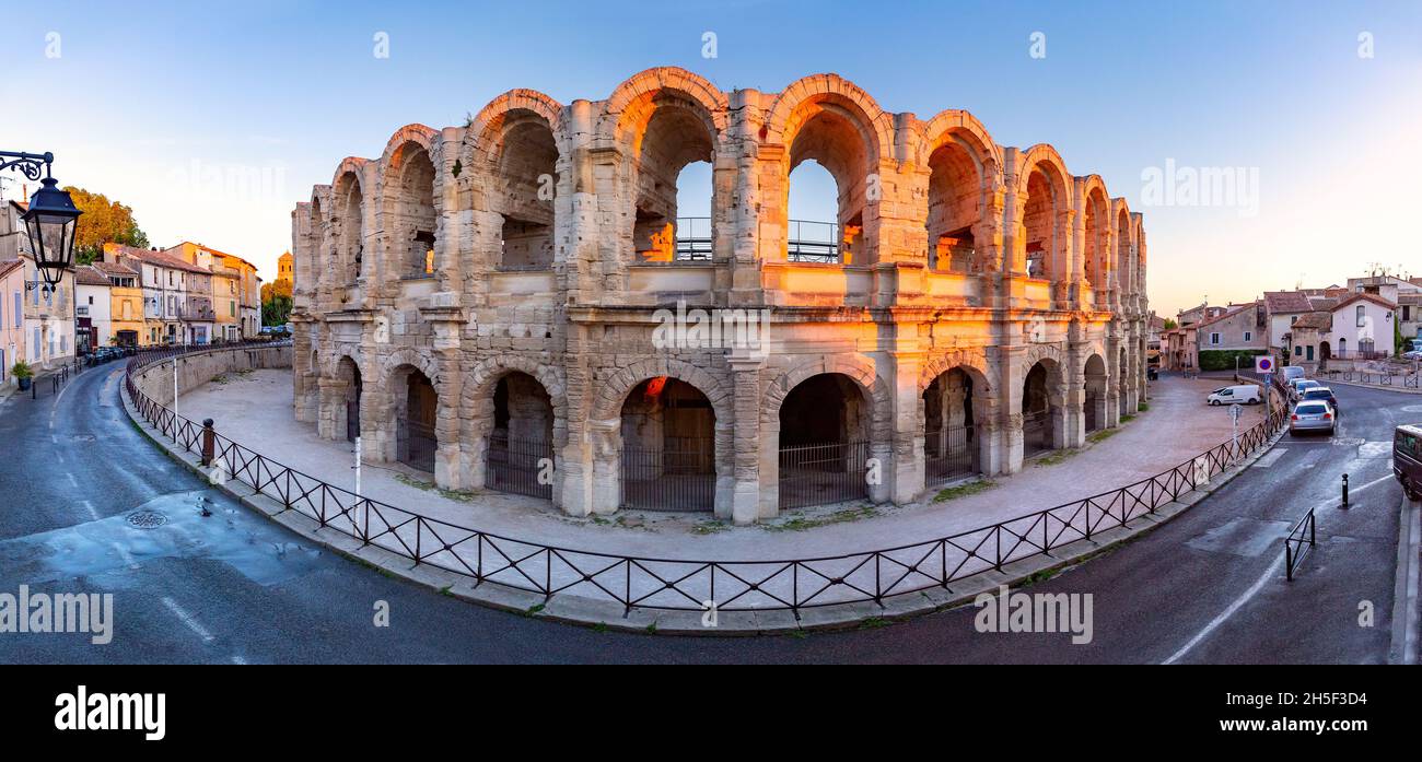 Panorama of roman Roman Amphitheatre and arena at sunrise, Arles ...