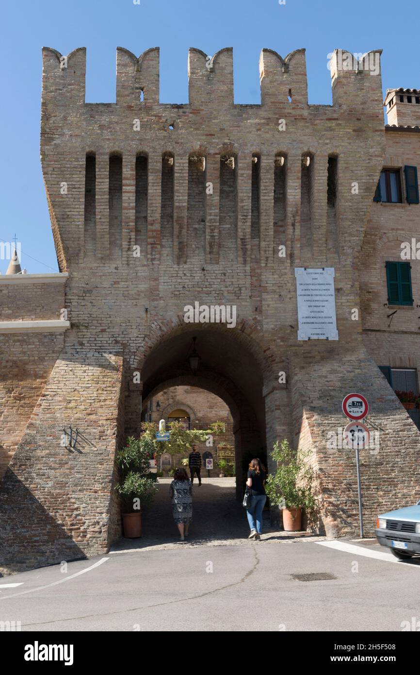 Old Town, Porta Cesare Battisti gate, Orange Flag, Montecassiano, Marche, Italy, Europe Stock ...