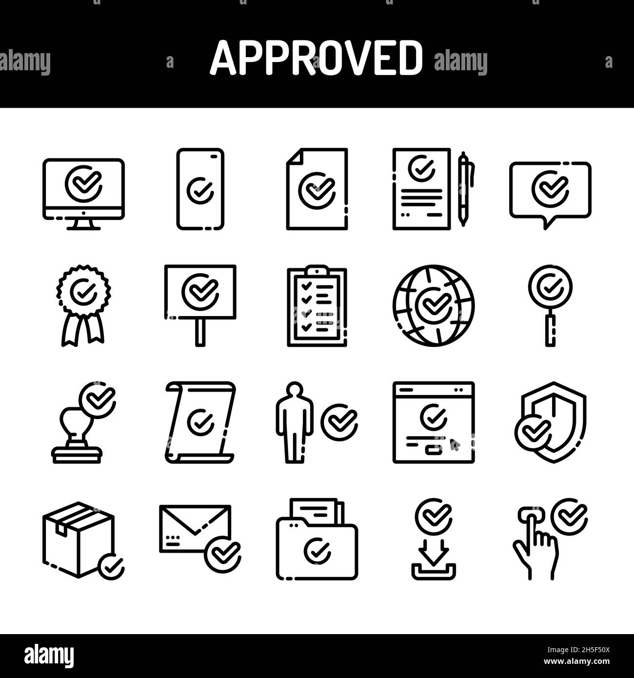 Approved elements color line icons set. Check marks, ticks collection ...