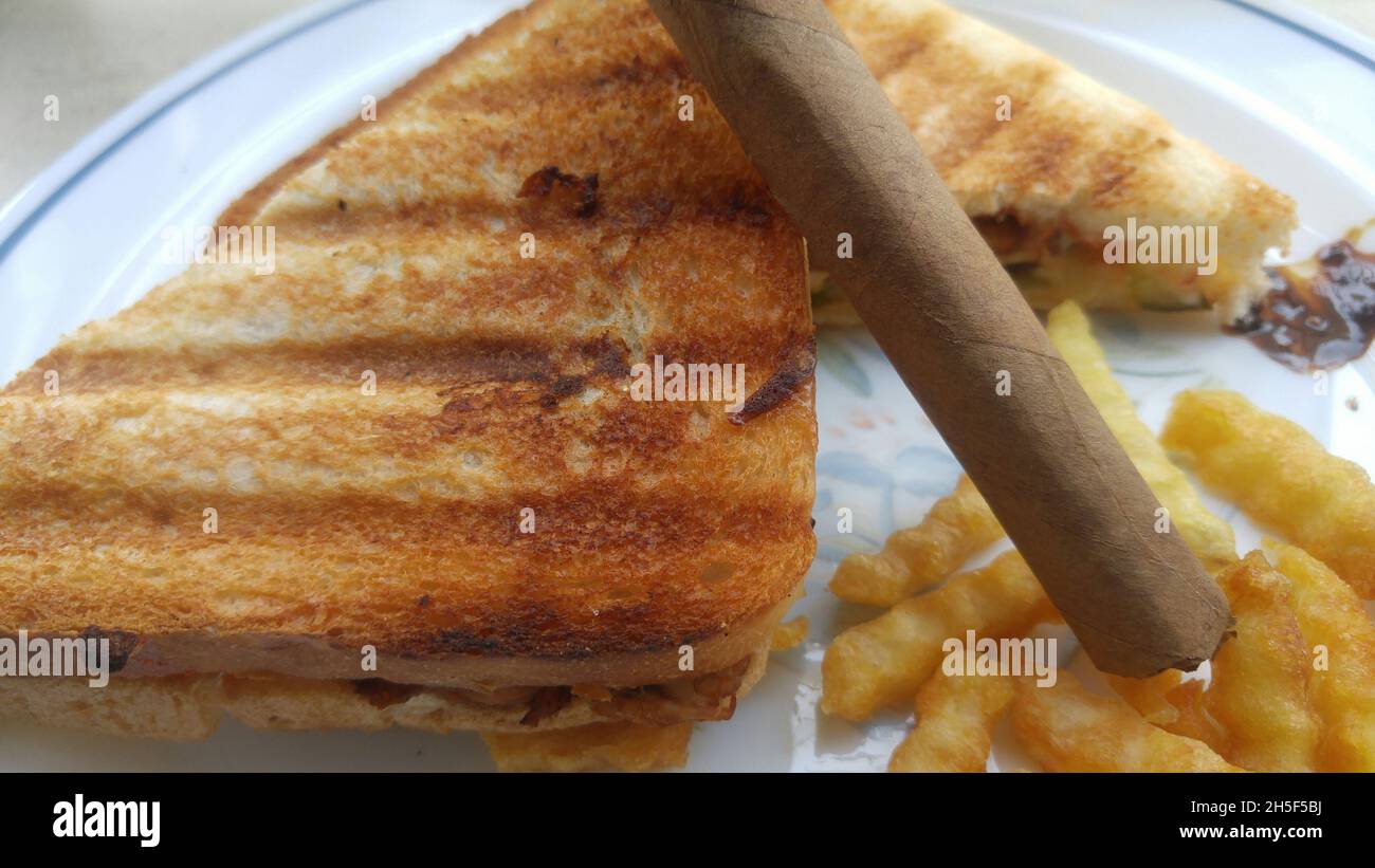 Panini sandwich along with a cuban cigar on a serving plate Stock Photo ...