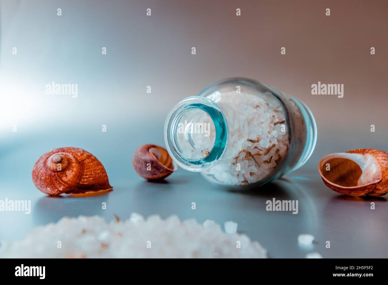 Sea salt is poured from a jar next to seashells on a metallic white ...