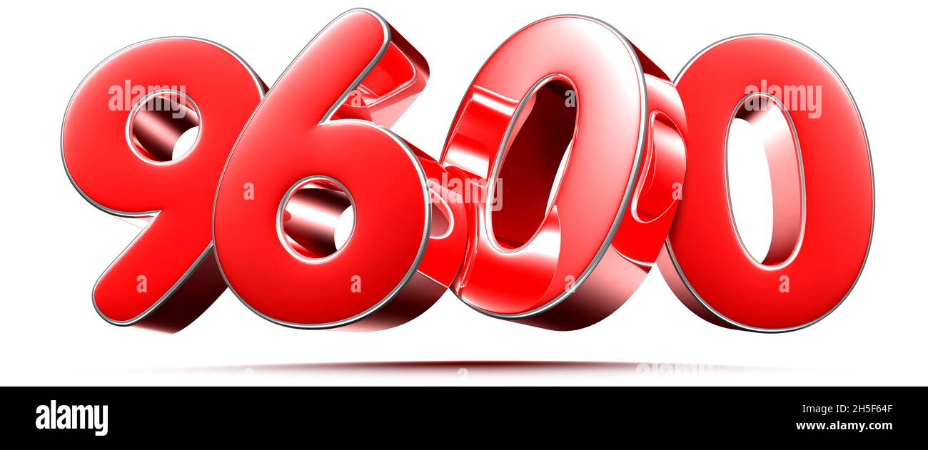 Rounded red numbers 9600 on white background 3D illustration with ...