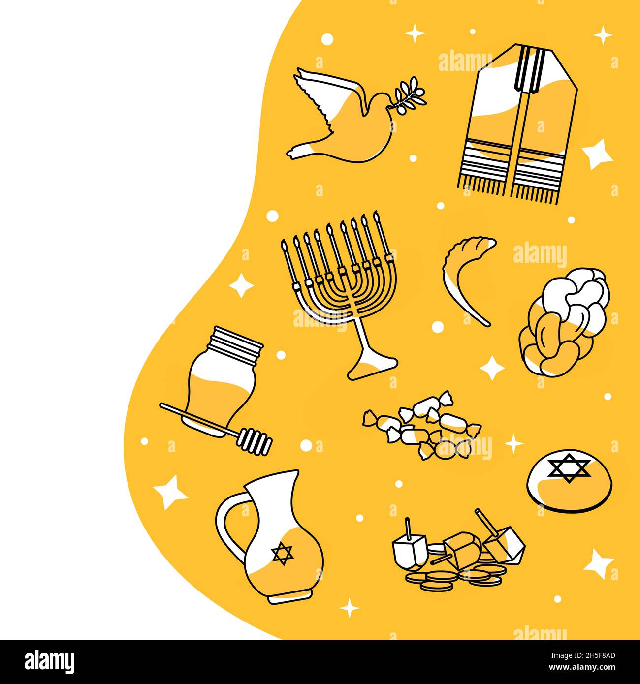 Vector illustration Menorah Kippah Dove Horn Shofar Dreidel Israel ...