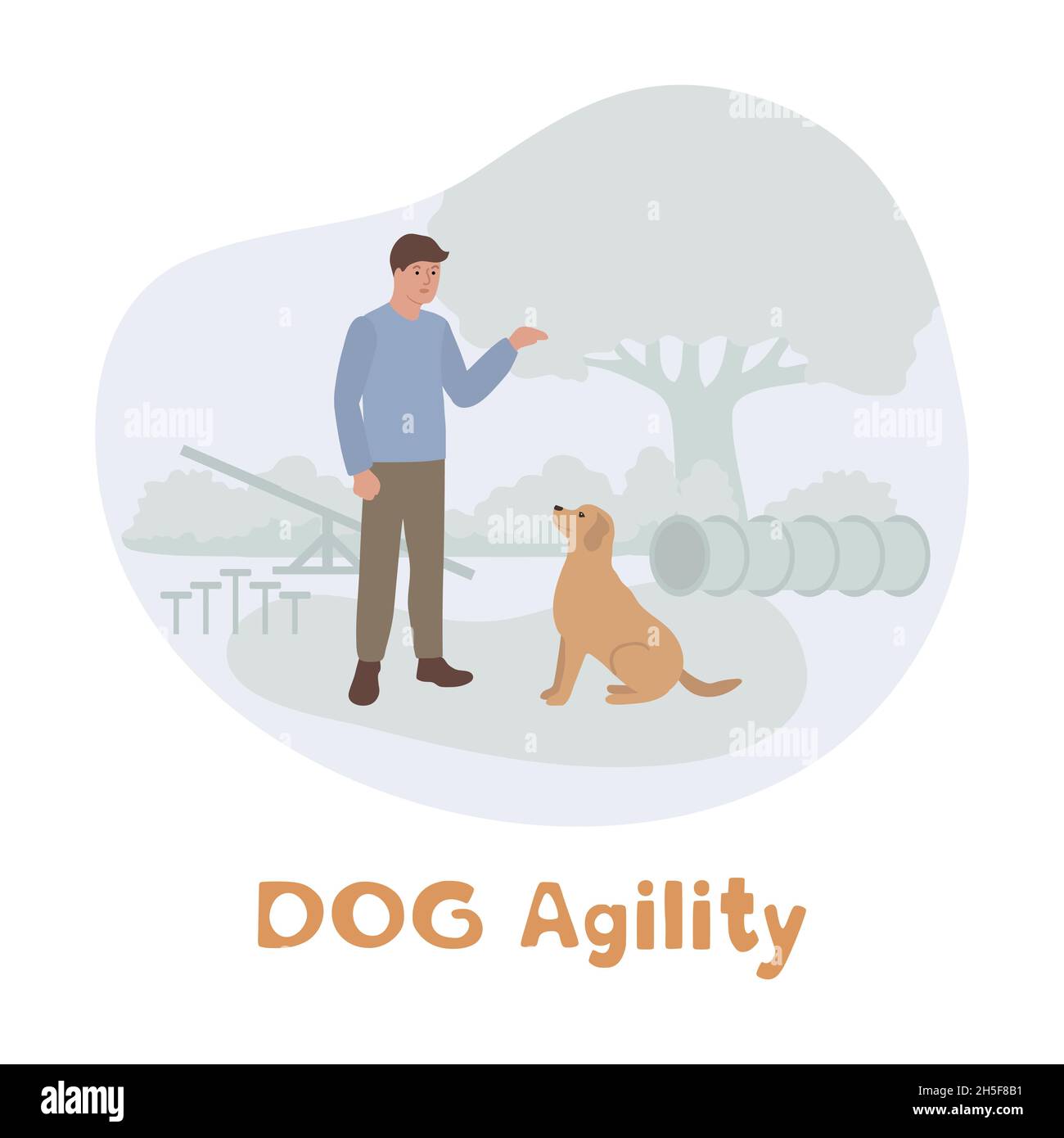 Vector illustration Man training his dog on agility field. Playing ...