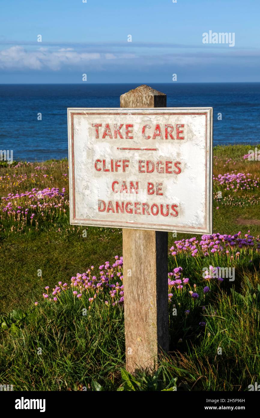 England, Isle of Wight, Tennyson Down, Danger Warning Sign with Cliffs ...