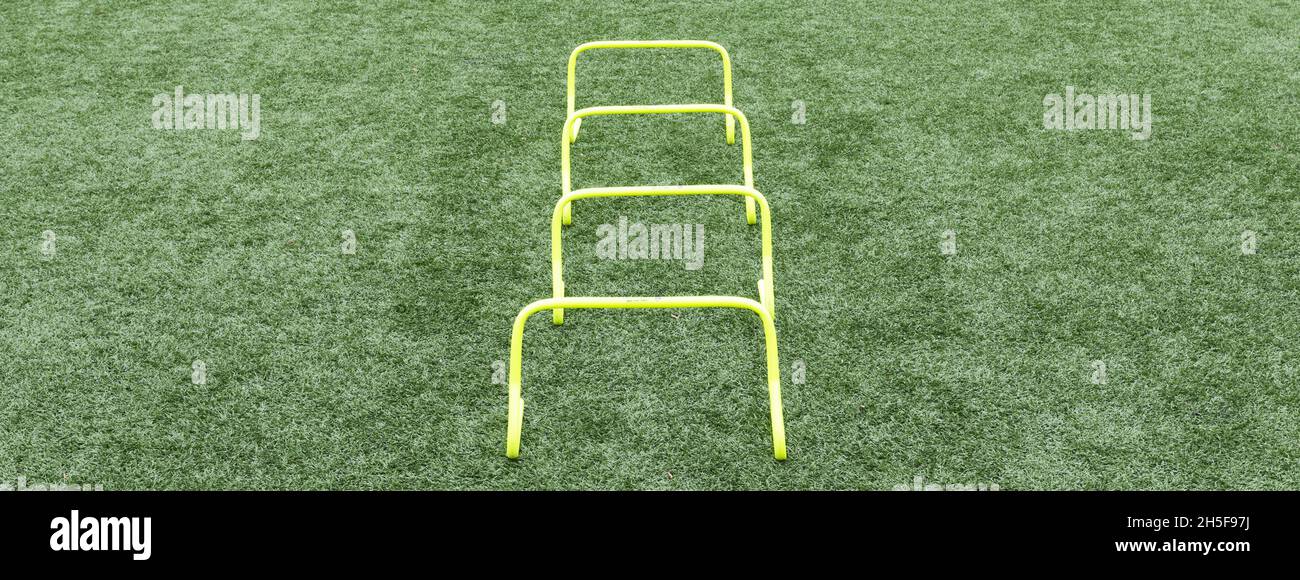 Four one foot yellow mini agility hurdles in a row on a green turf field Stock Photo - Alamy