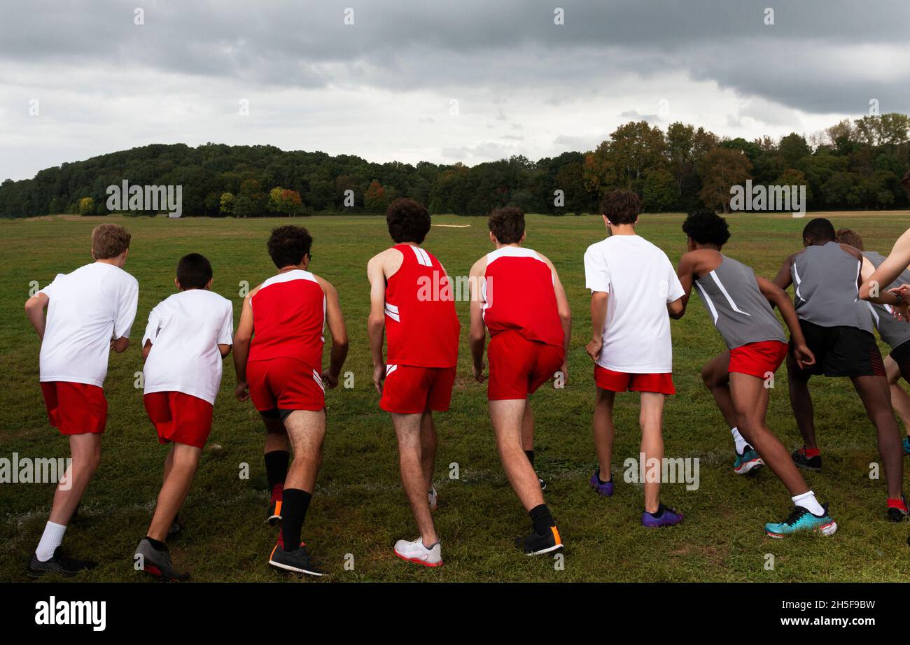 Rear view of high school boys ready at the starting line of a cross ...