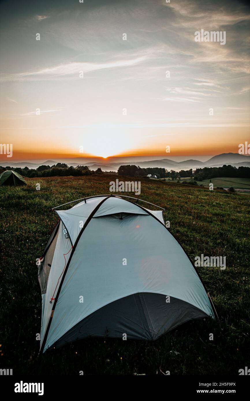 Vertical shot of a tent on a hill covered in greenery during a ...