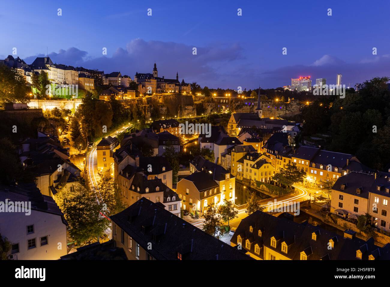 Night time view over the Grund District in Luxembourg city with the ...