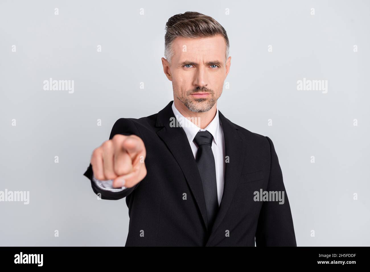 Photo of handsome attractive young recruiter wear black jacket pointing ...