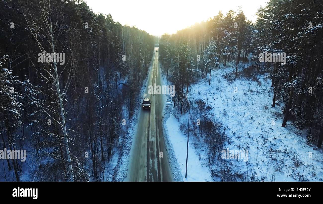 Top view of the car riding in the woods. Footage. The car goes on a ...