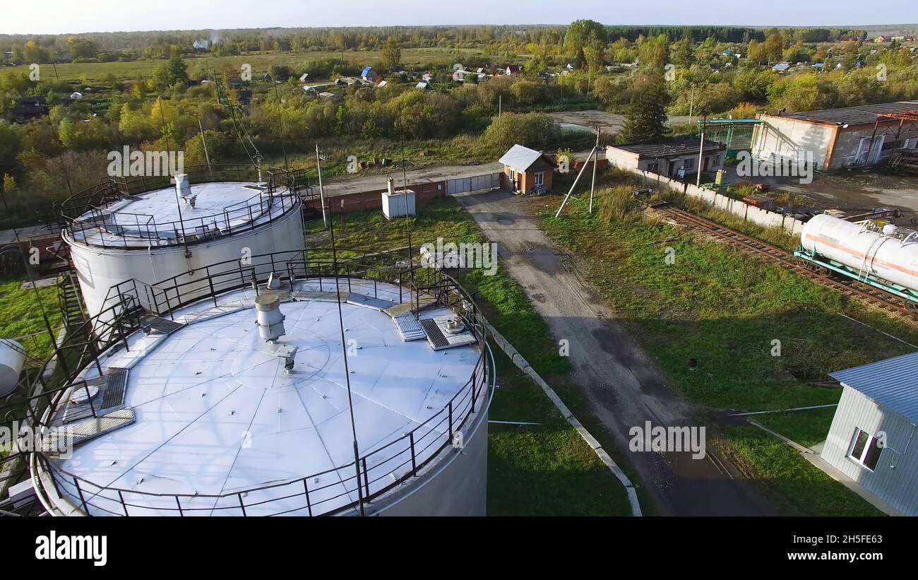 Aerial top view oil storage tanks. Stock. Top view of the large oil ...
