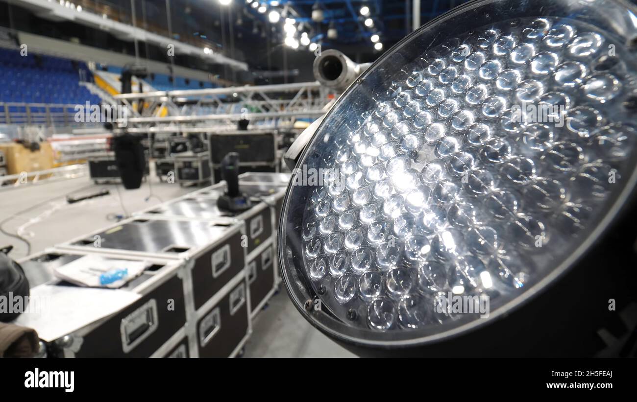 Close up of professional light equipment with LED lights for the ...