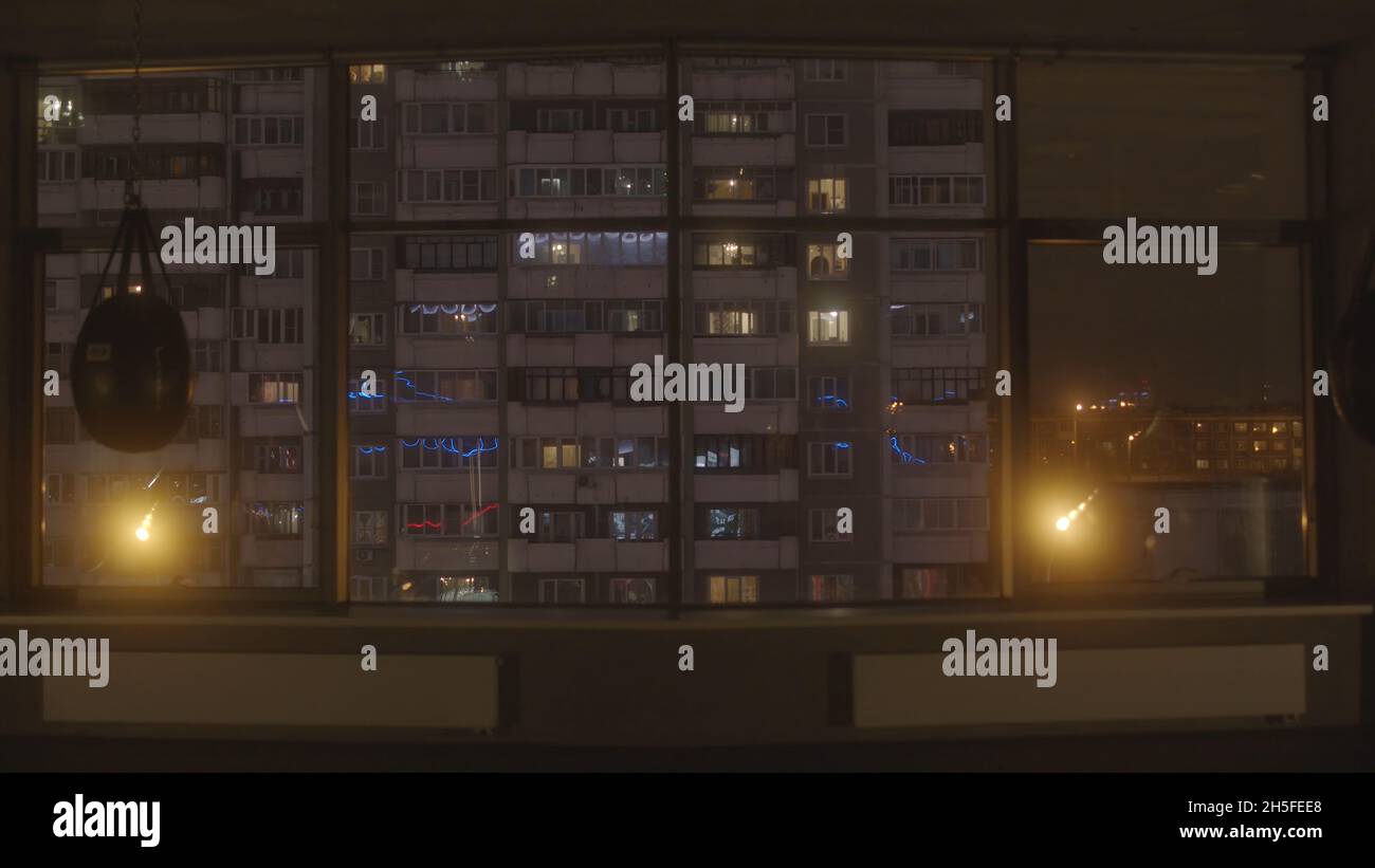 View from the window of a large empty training hall to the high ...