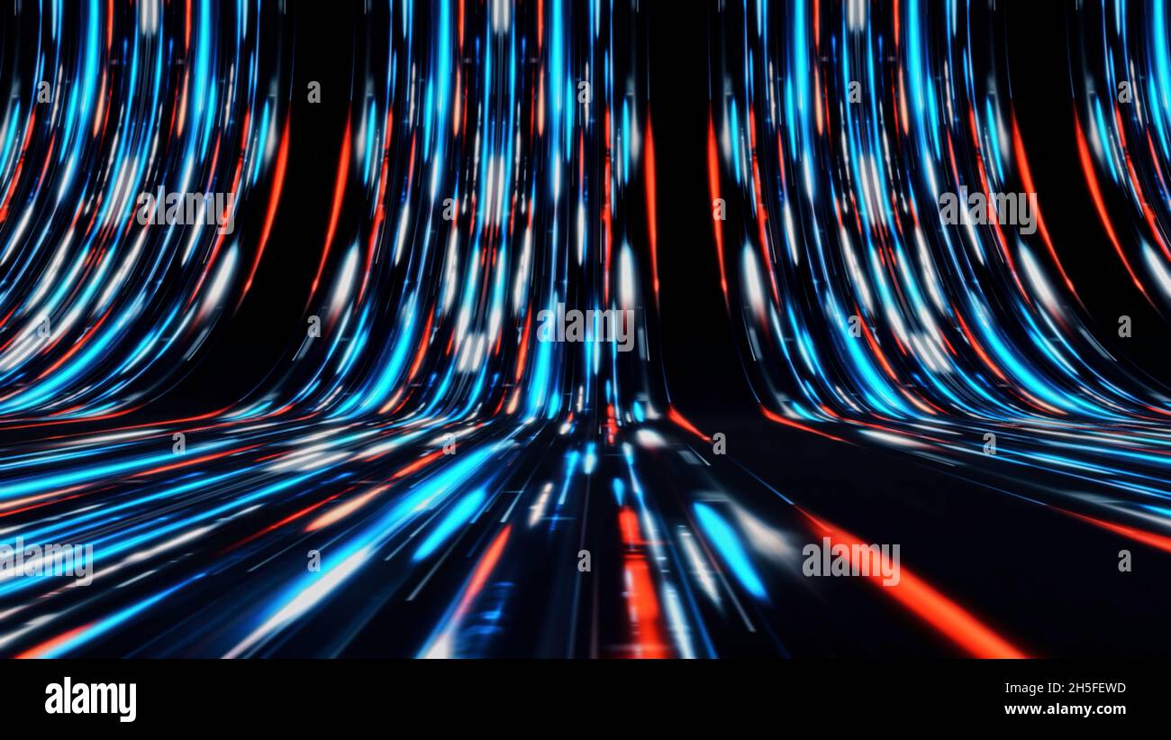 Neon streams move along curved trajectory on black background ...