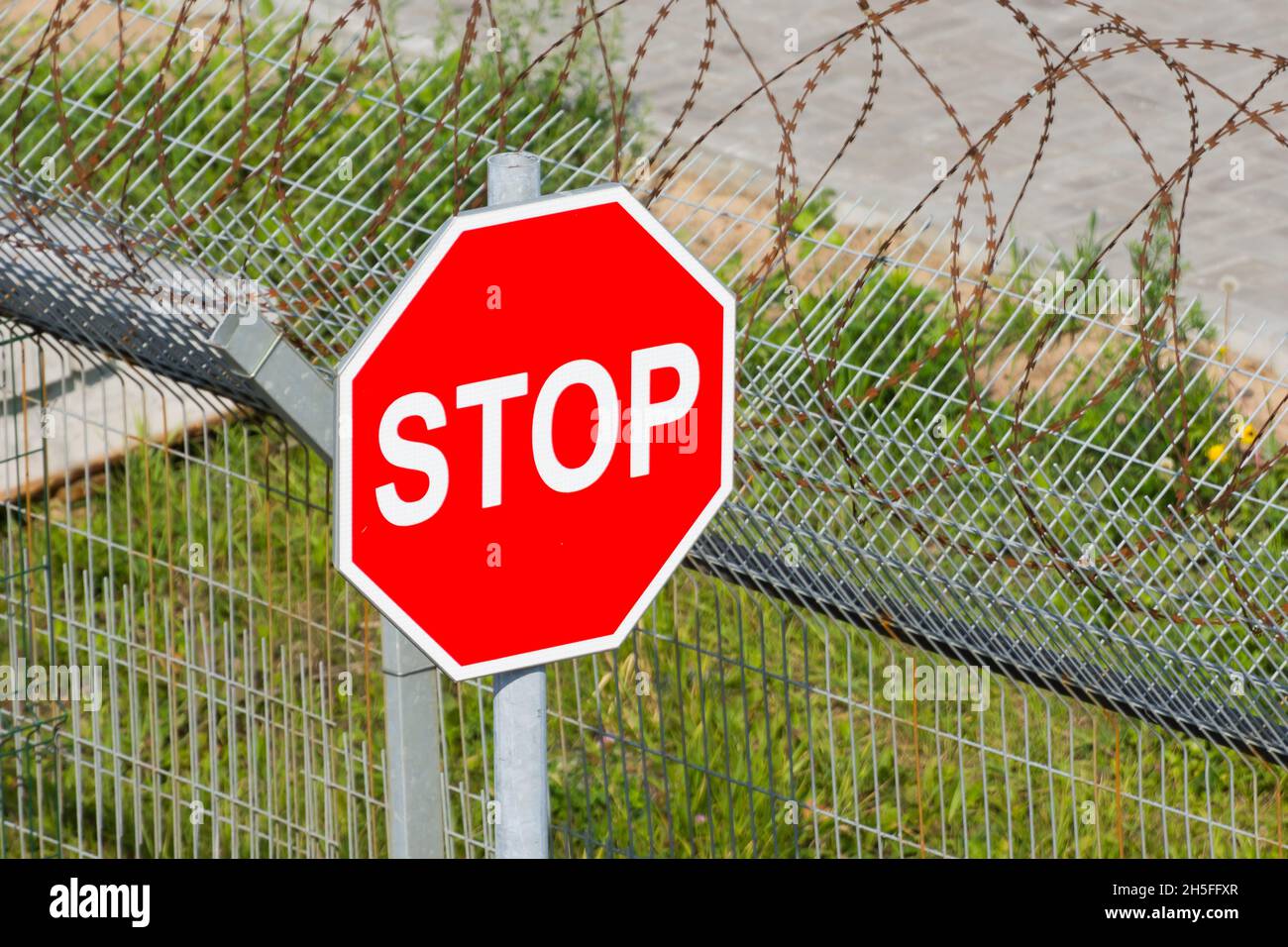 Red stop sign near the fence with barbed wire Stock Photo - Alamy