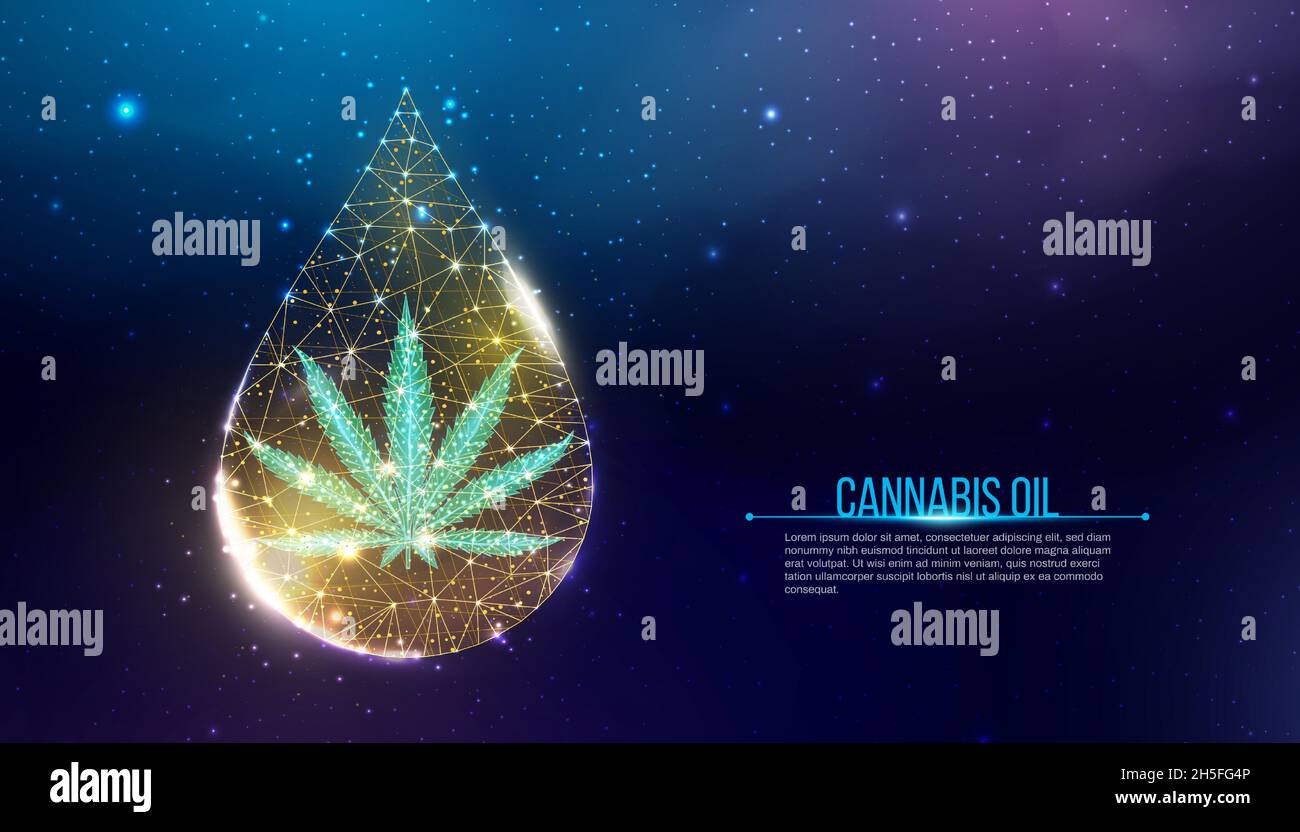 Cannabis oil concept. Low poly hemp in oil drop. Marijuana leaf ...