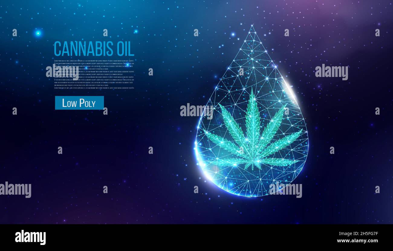 Cannabis oil concept. Low poly hemp in oil drop. Marijuana leaf ...