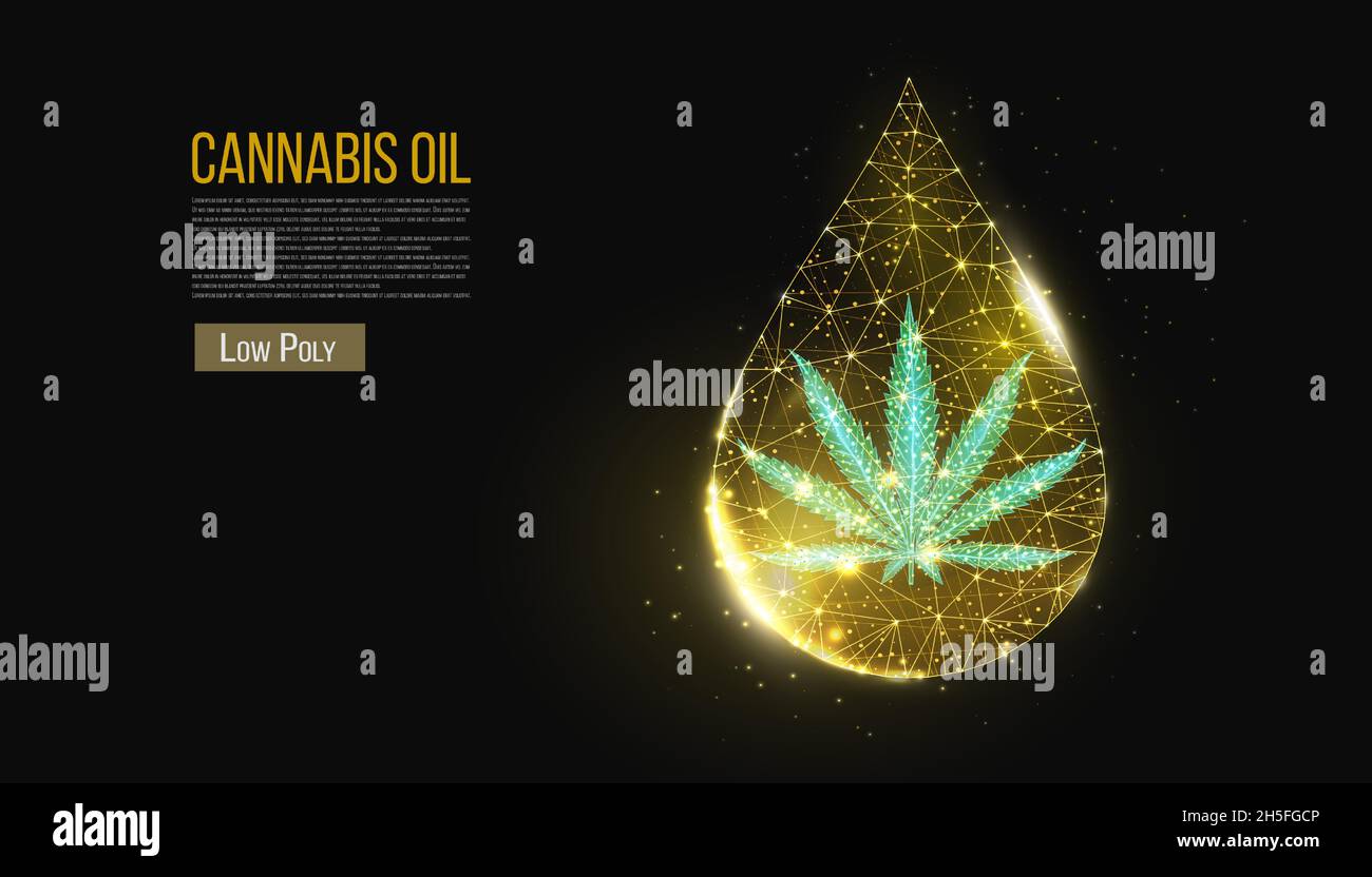 Cannabis oil concept. Low poly hemp and oil drop on black background ...