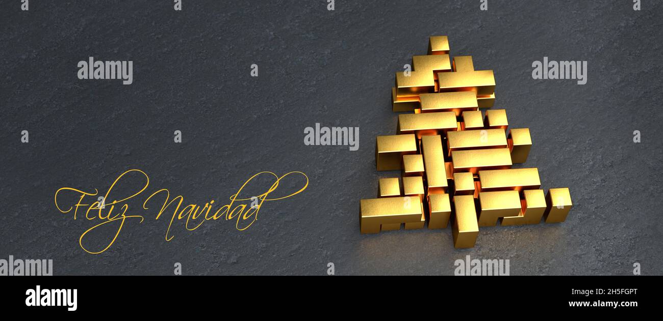Christmas tree made from golden tetris style blocks. Spanish Message ...