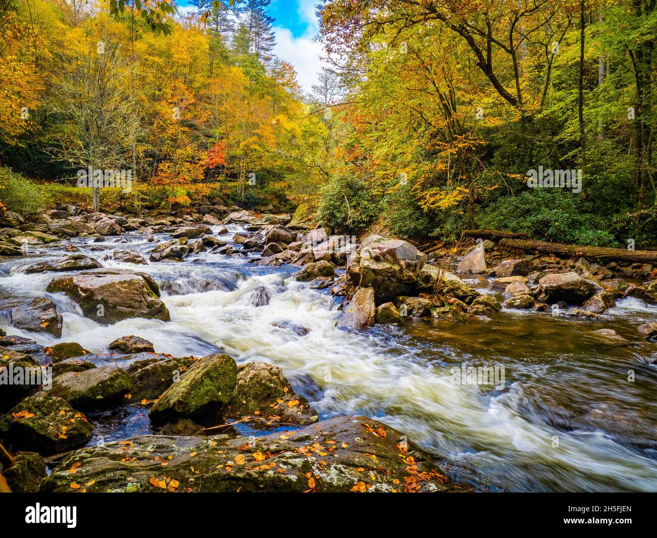 Fall color around small waterfals in the Cullasaja River in Nantahala ...