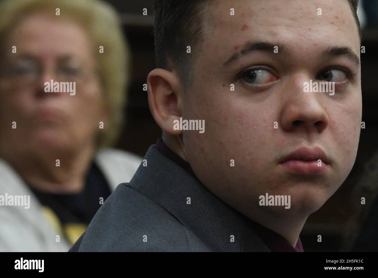 Kenosha, Wisconsin, USA. 9th Nov, 2021. KYLE RITTENHOUSE looks to the ...