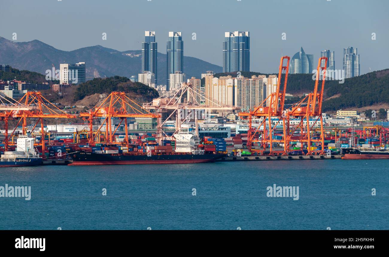 Busan, South Korea - March 22, 2018: Busan port view on a sunny day ...