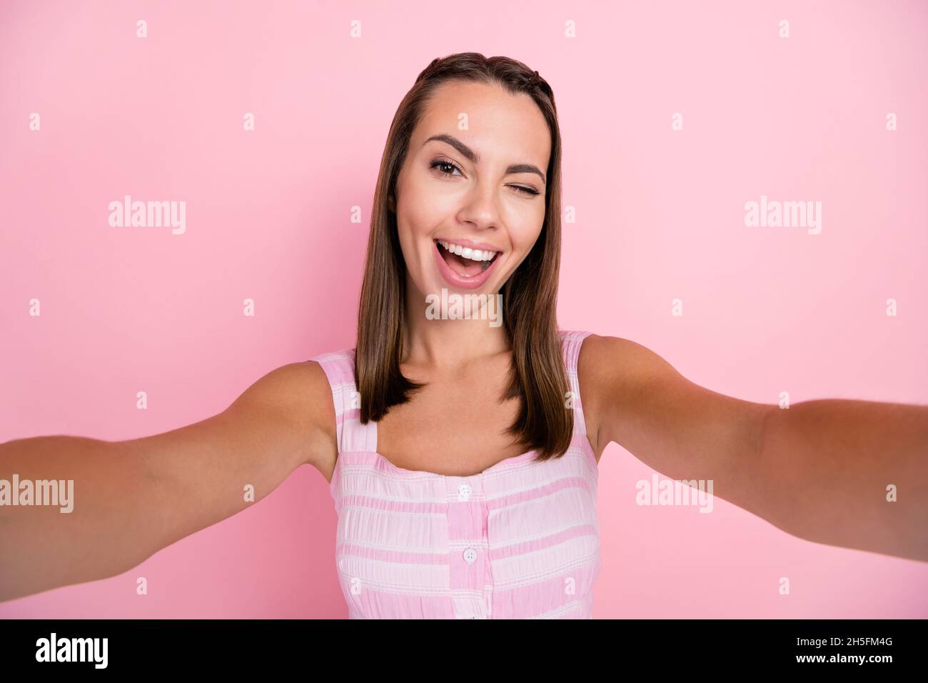 Photo Of Young Cheerful Girl Playful Wink Eye Flirty Make Photo Camera