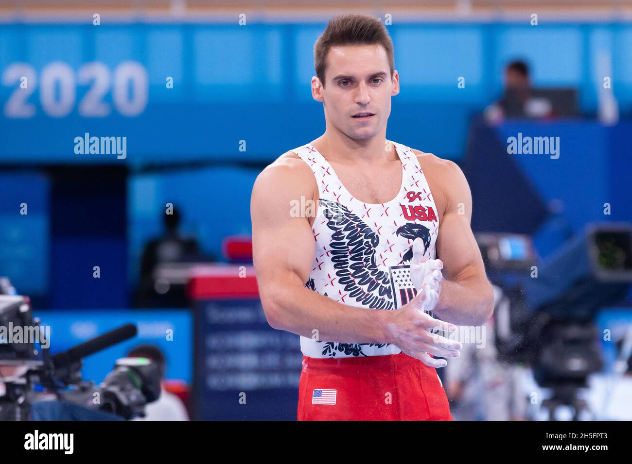 Tokyo, Japan. 24th July, 2021. Samuel Mikulak of United States prepares ...