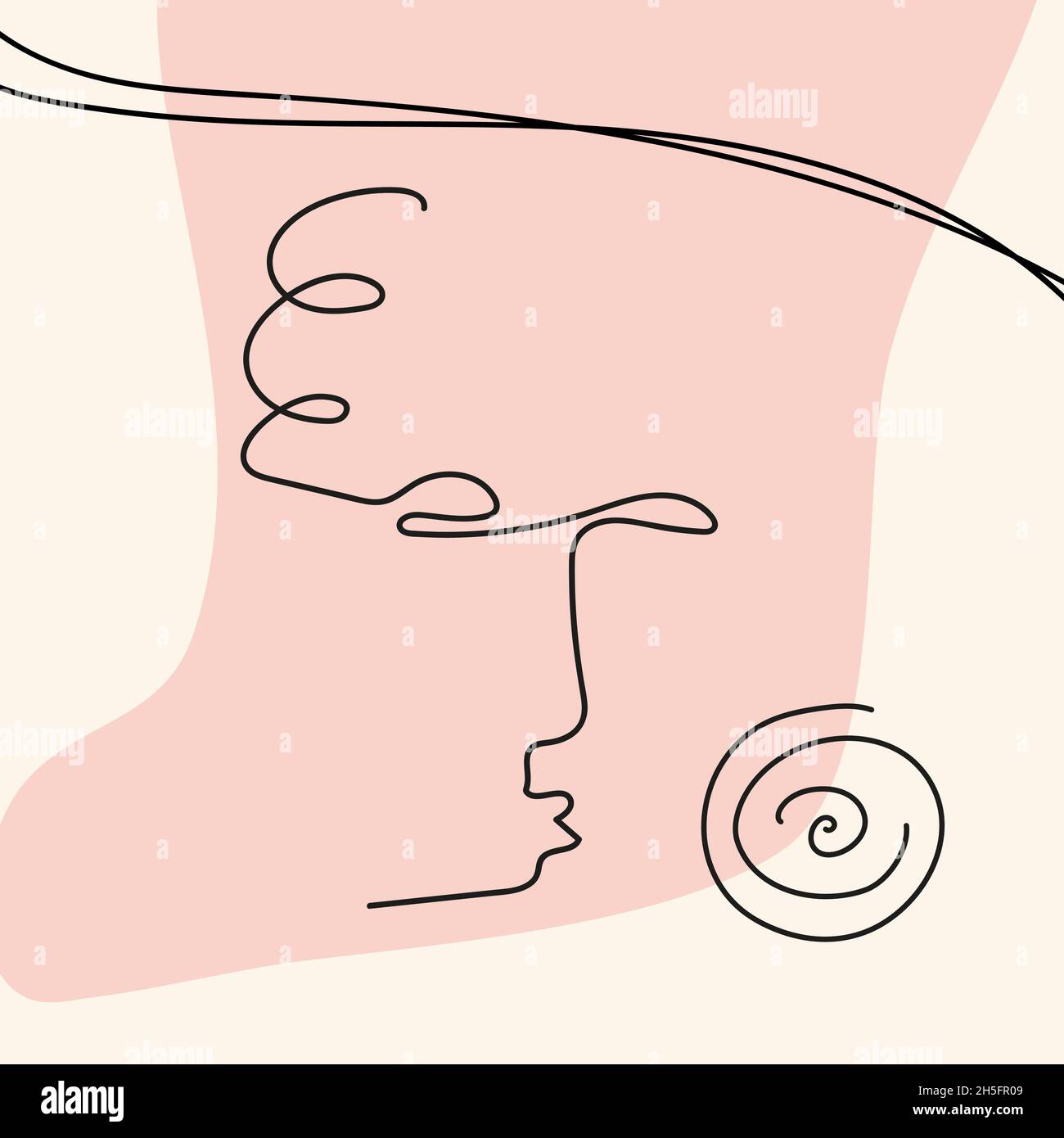 Curly head with bunch with abstract shapes, lines in line art style are ...