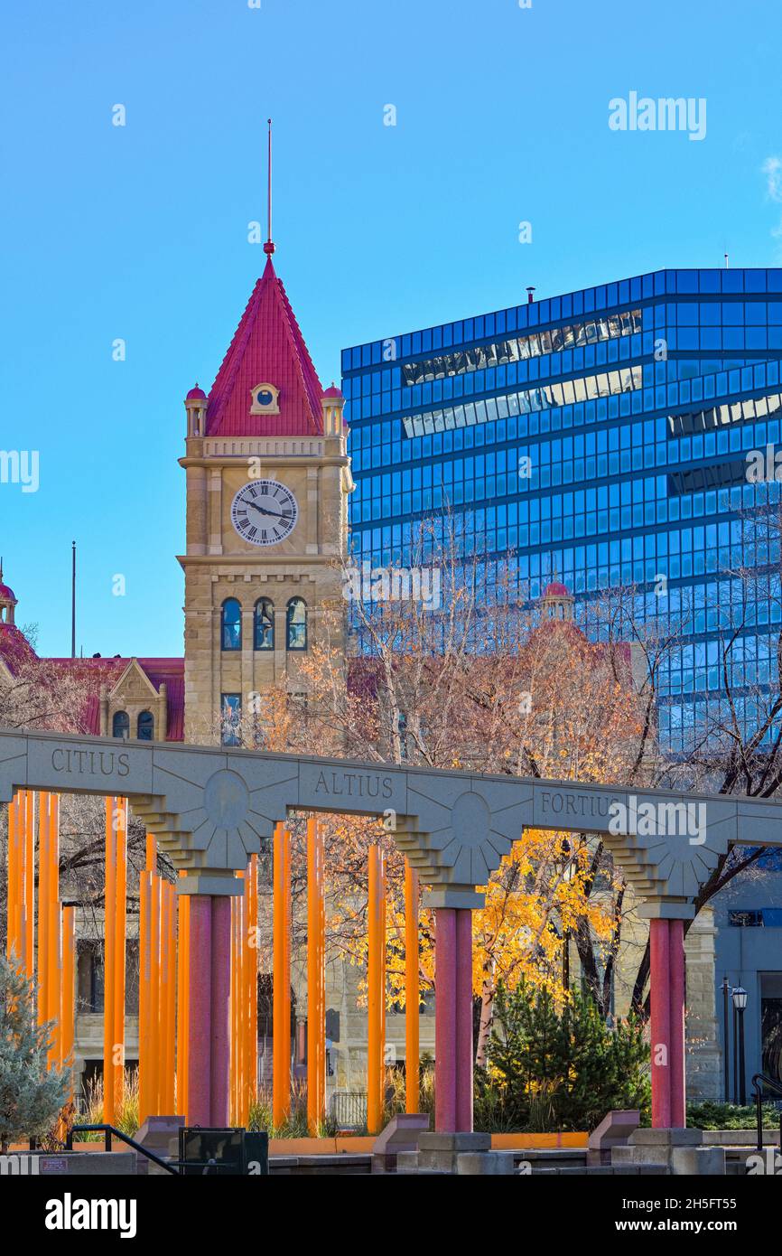 Heritage old City Hall Tower rises behind Olympic Plaza, Calgary ...